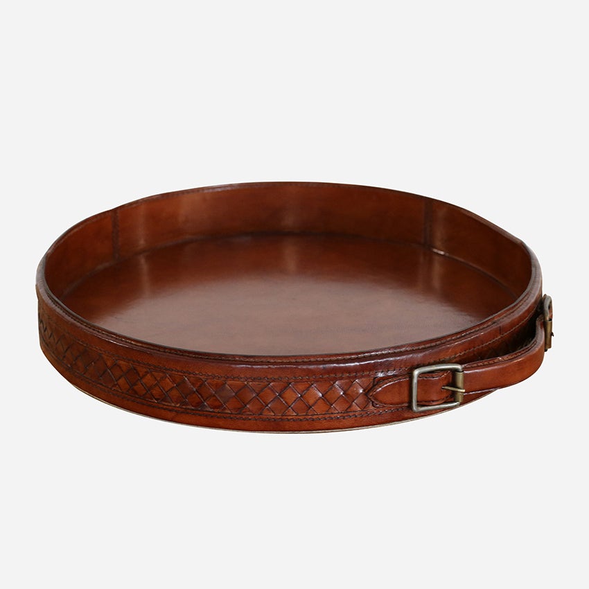 Round Leather Tray with Plaited Sides and Buckle Handles - Product - CC ...